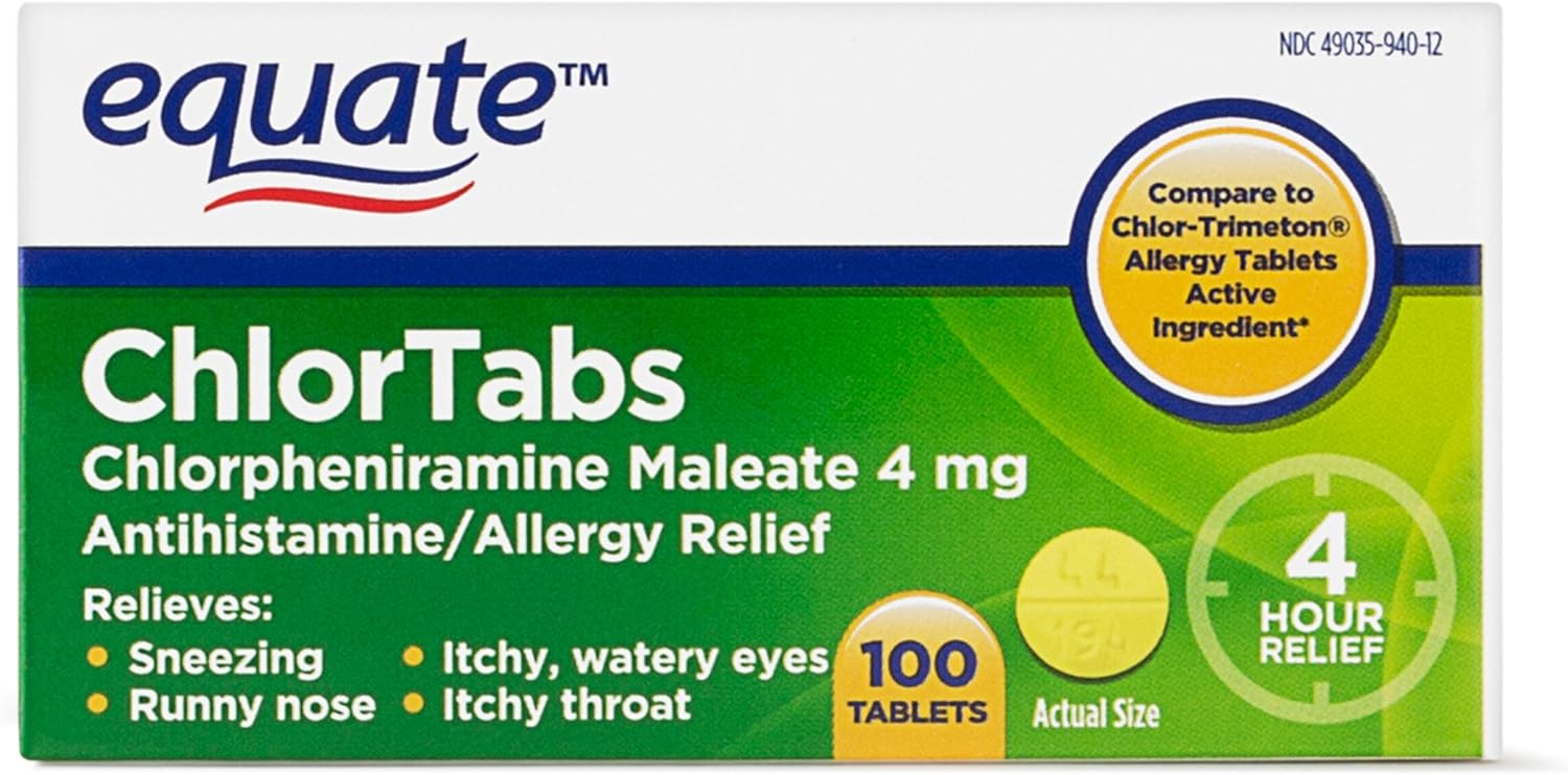 Equate Chlortabs Antihistamine Tablets (100 Count) - Allergy Relief an ...